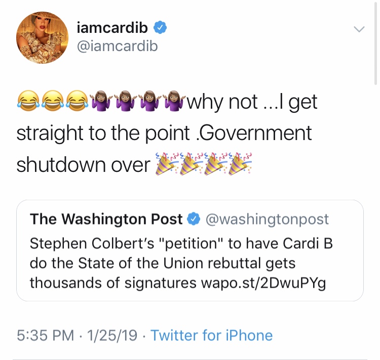 Stephen Colbert Starts Petition to Have Cardi B Give State of the Union ...