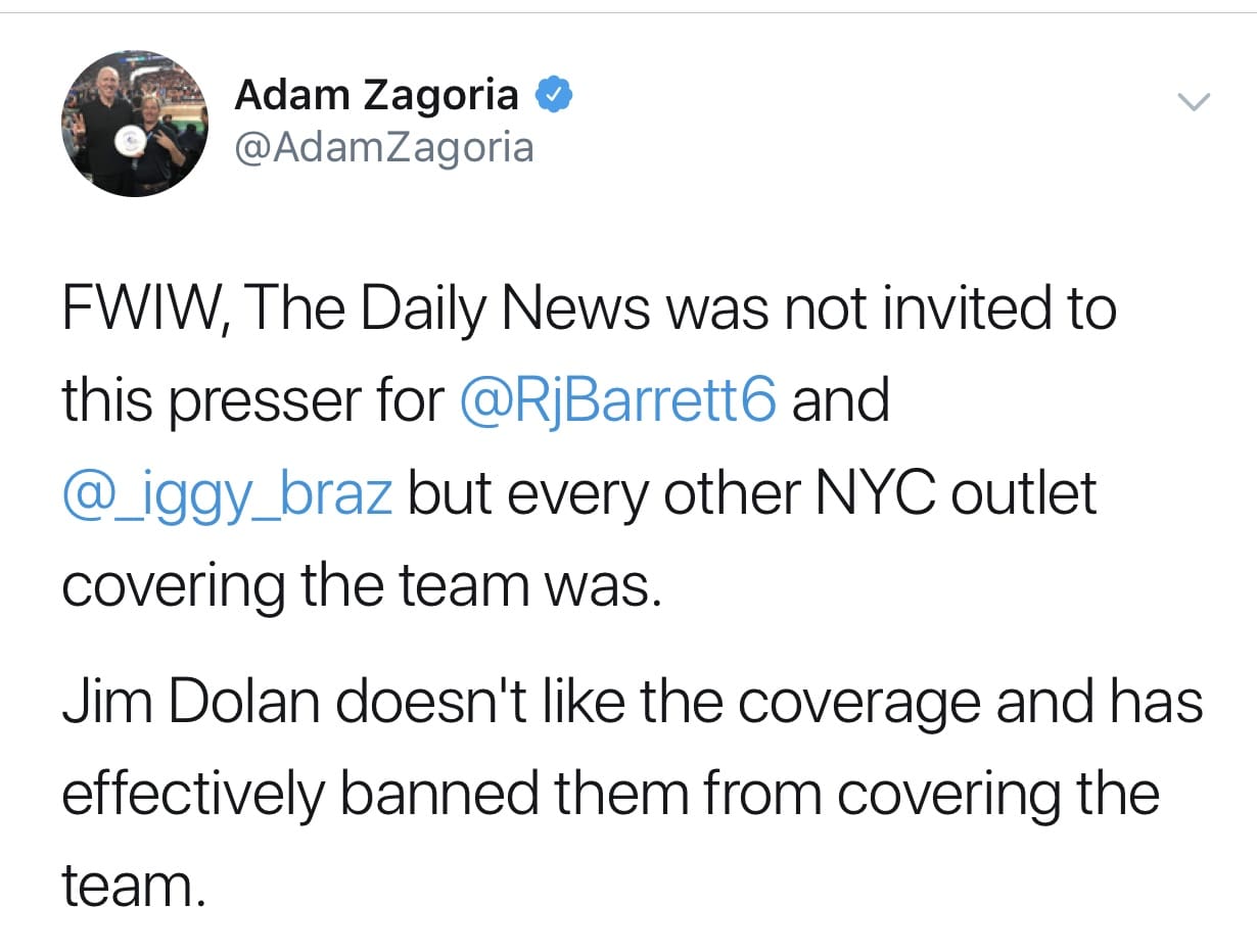 NBA Fines New York Knicks $50,000 For Banning Media Outlet From Draft ...
