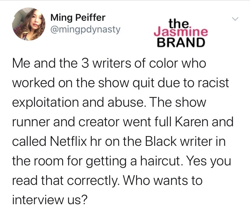 Netflix Series Writer Ming Peiffer Alleges She & 2 Other Writers Quit ...