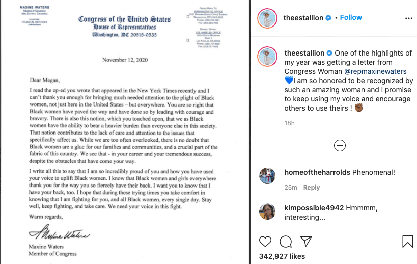 Megan Thee Stallion Gushes Over Letter Congresswoman Maxine Waters Sent ...