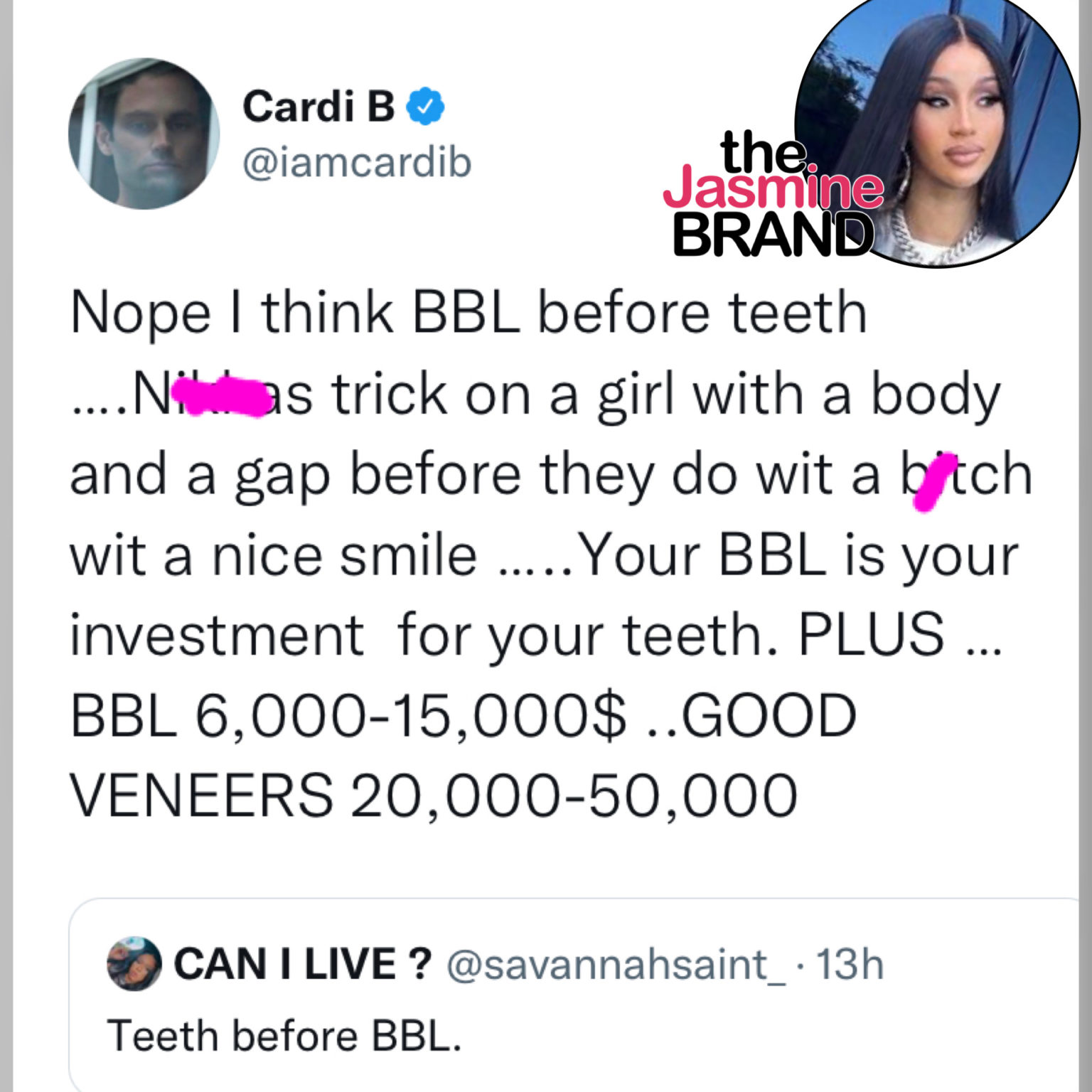 Cardi B Suggests Women Get A Brazilian Butt Lift Before Getting Veneers ...