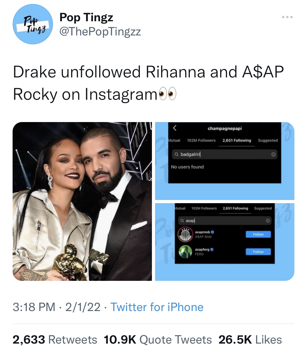 Drake Allegedly Unfollowed Rihanna & A$AP Rocky On Instagram Amid ...