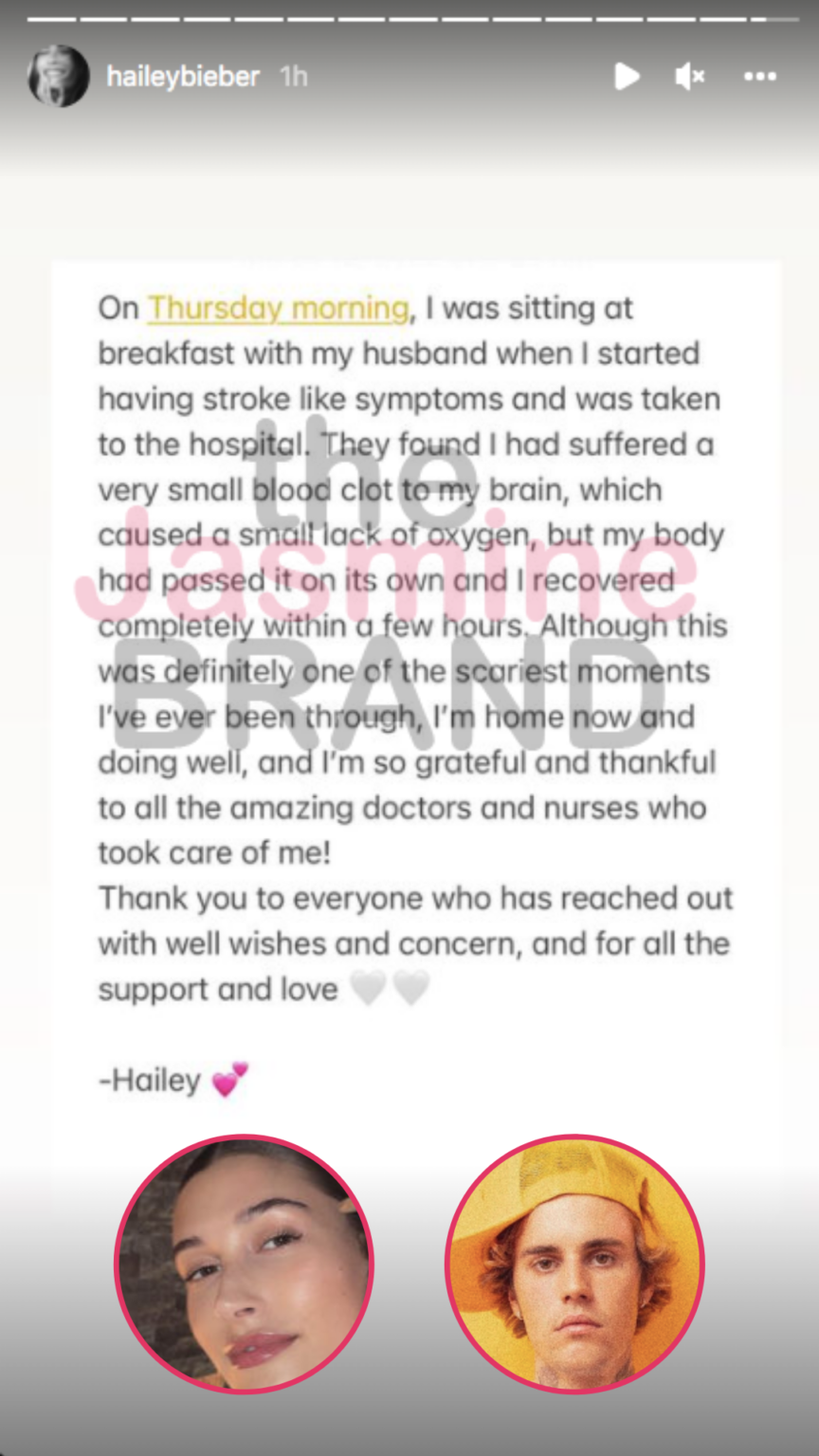 Justin Bieber’s Wife, Hailey Bieber, Reveals She Suffered 'Stroke-Like ...