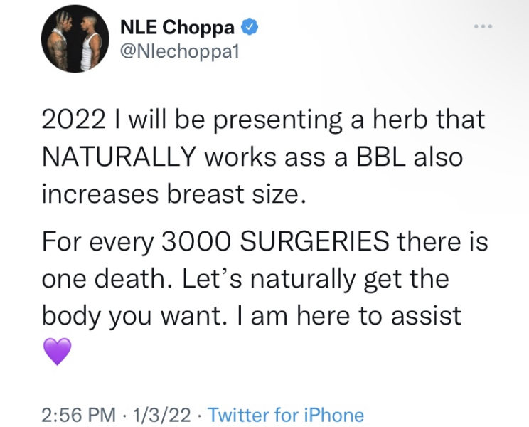 Rapper NLE Choppa Developed A Natural BBL Supplement: Enlarges The Hips ...