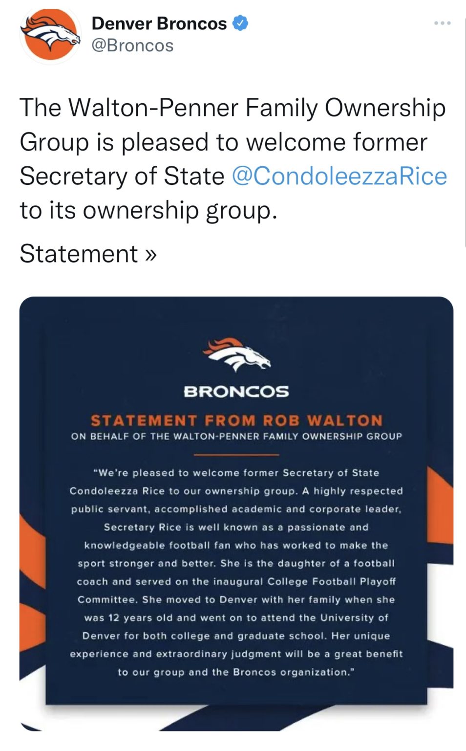 Condoleezza Rice Joins Denver Broncos’ New Ownership Group ...