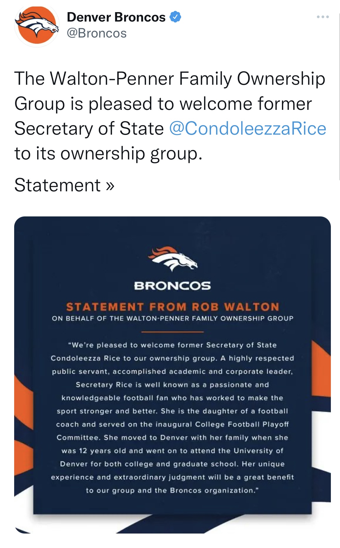 Condoleezza Rice Joins Denver Broncos’ New Ownership Group ...