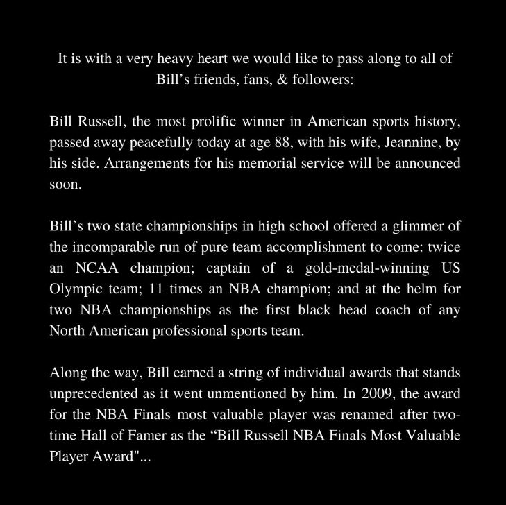 NBA Legend Bill Russell Passes Away At The Age Of 88 [Condolences ...