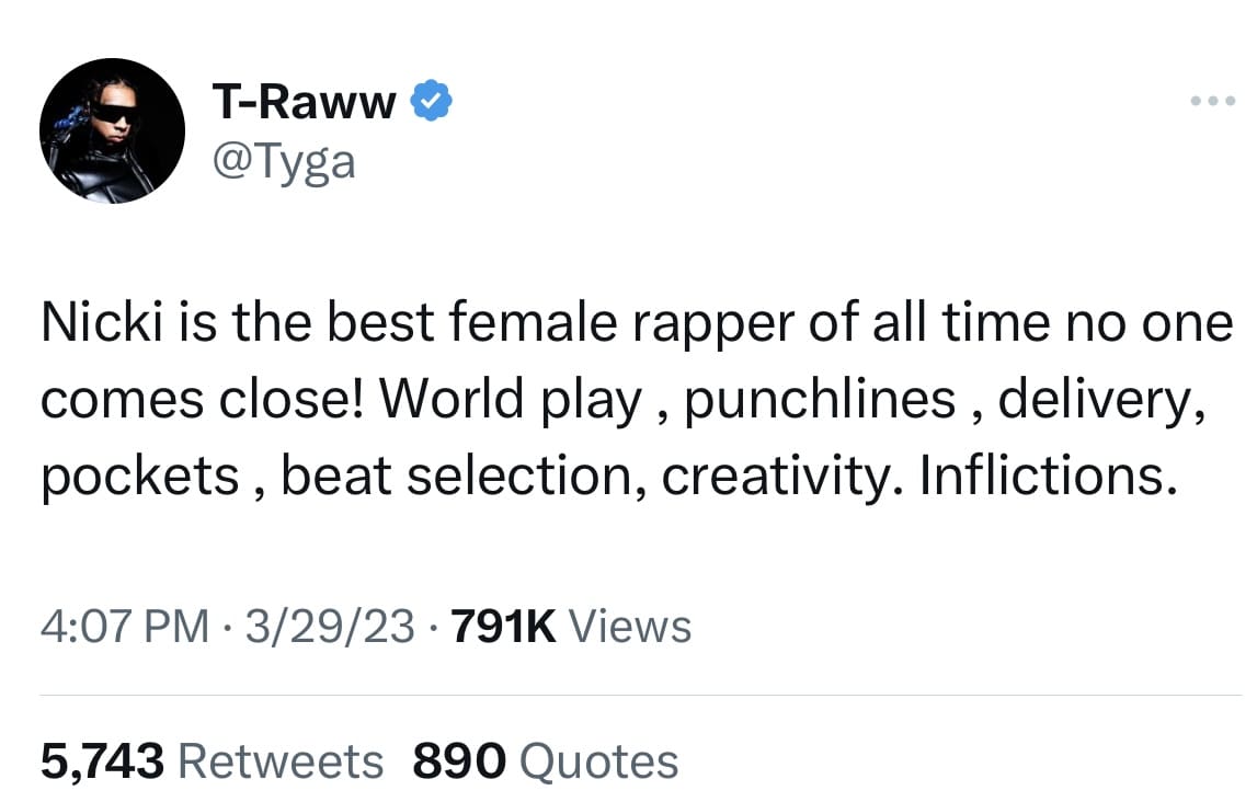 Tyga Says Nicki Minaj Is the Best Female Rapper Of All Time ...