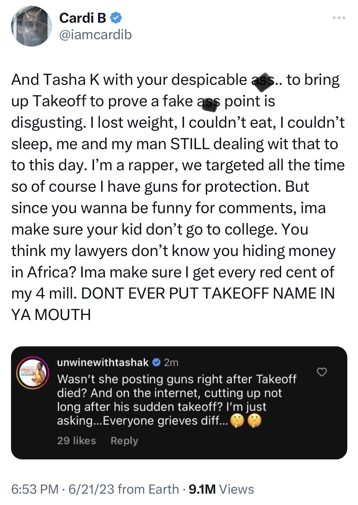 Cardi B Slams Tasha K Over 'Disgusting' Comments About Takeoff's Death ...