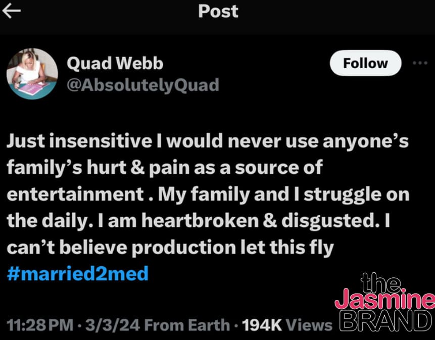 'Married To Medicine' Star Quad Webb Says She Is 'Disgusted' By Dr ...