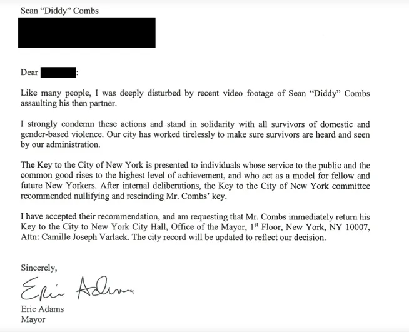 Diddy Returns Key To NYC After Mayor Eric Adams Sends Him A Letter ...