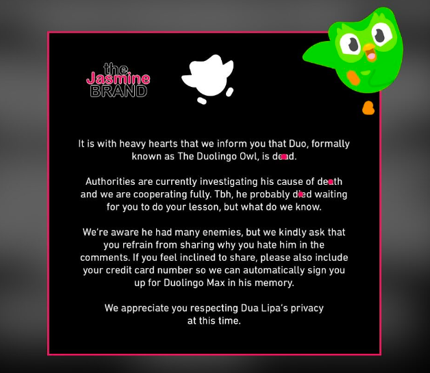 Duolingo Announces The De@th Of Its Mascot, Duo The Owl - theJasmineBRAND